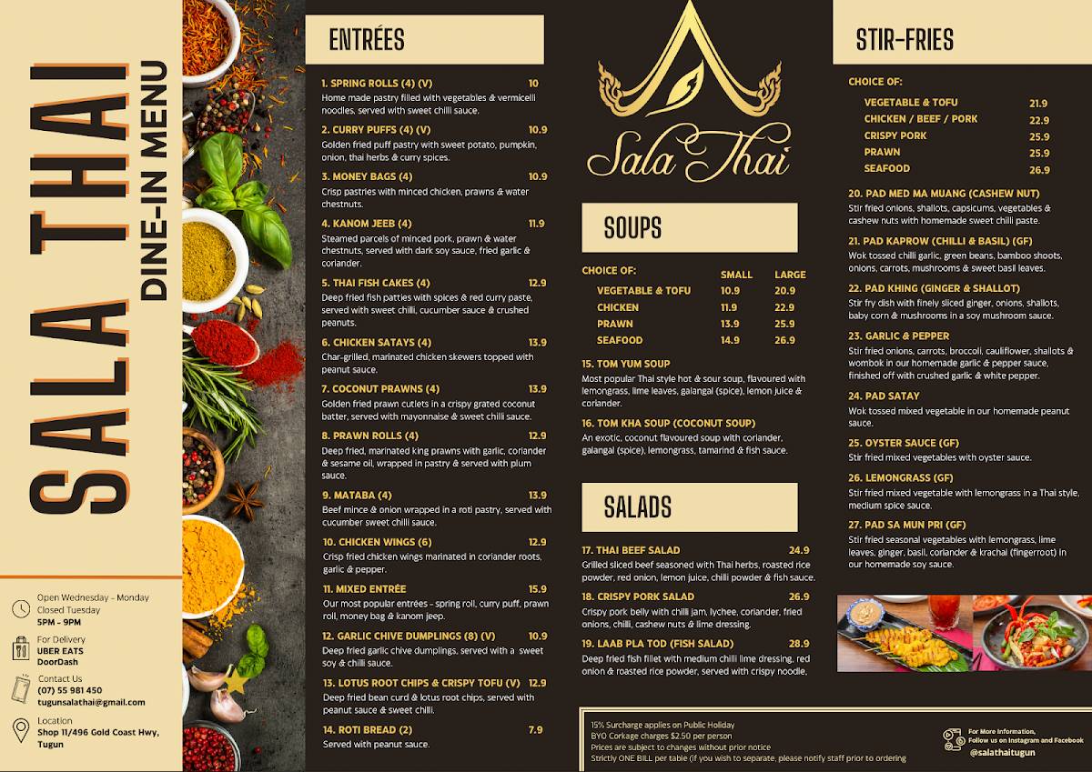 Menu at Sala Thai Restaurant, Tugun, 11/496 Gold Coast Hwy