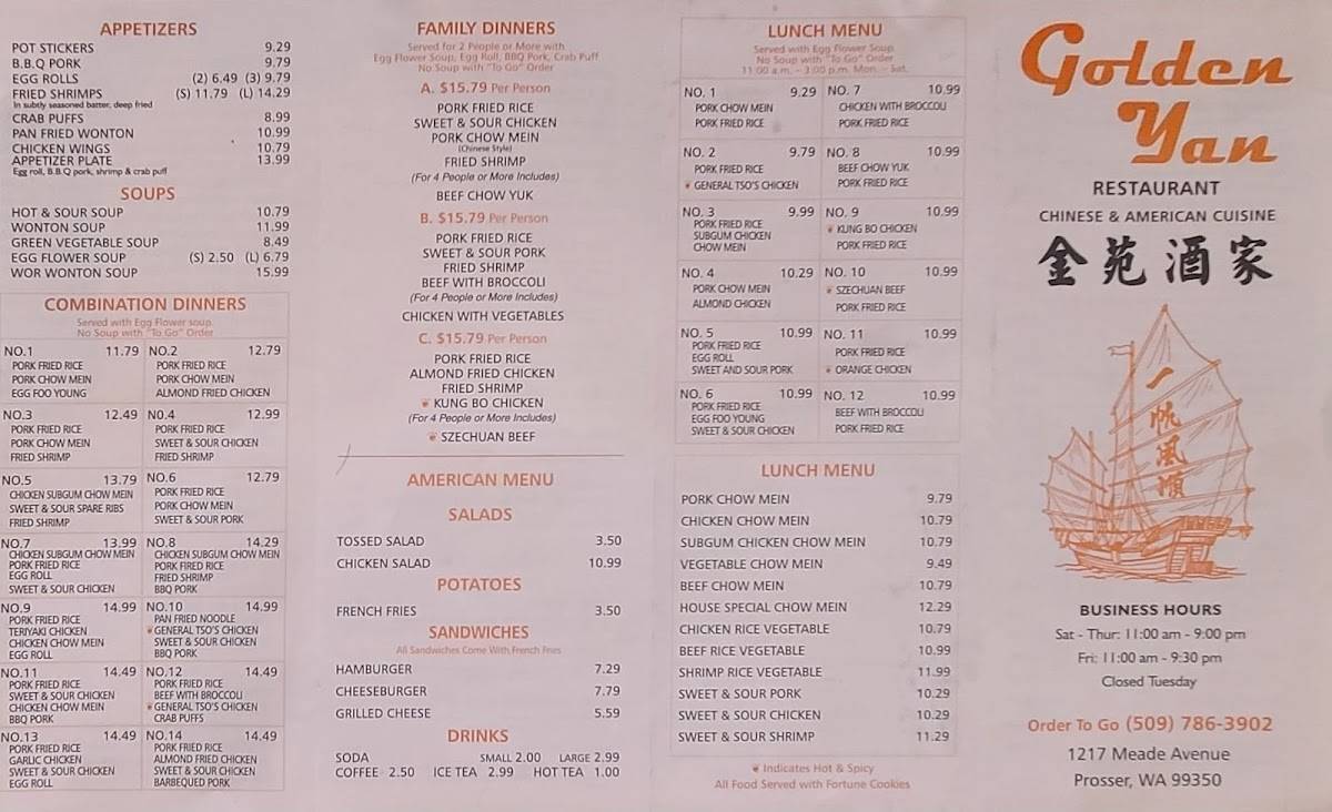 Menu at Goldan Yan Restaurant, Prosser
