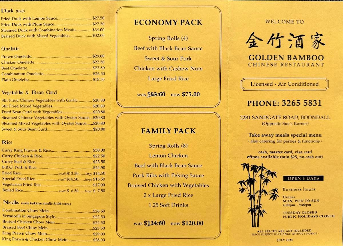Menu at Golden Bamboo Chinese Restaurant, Boondall