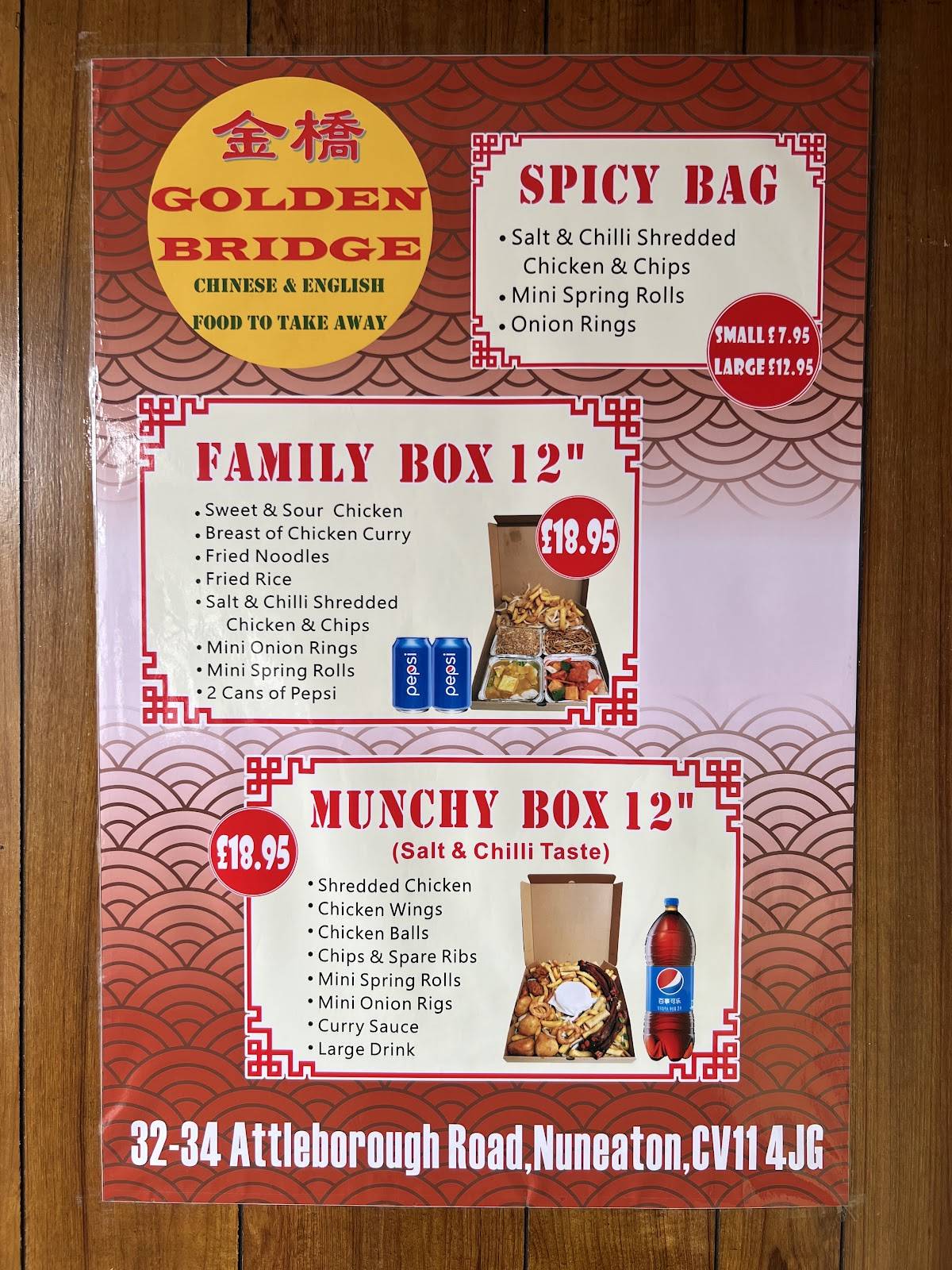 Menu at Golden Bridge fast food, Nuneaton