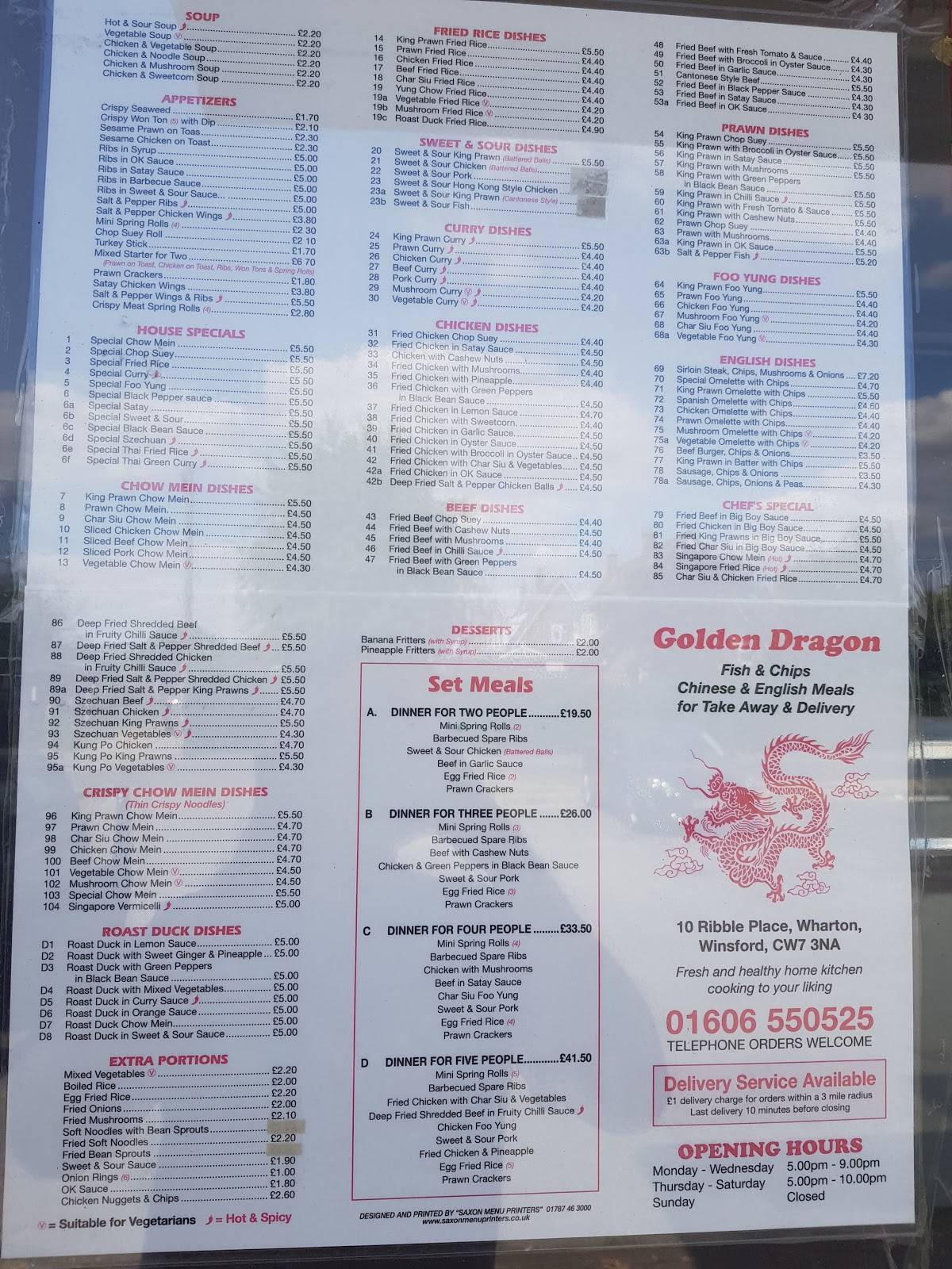 Menu at Golden Dragon fast food, Winsford