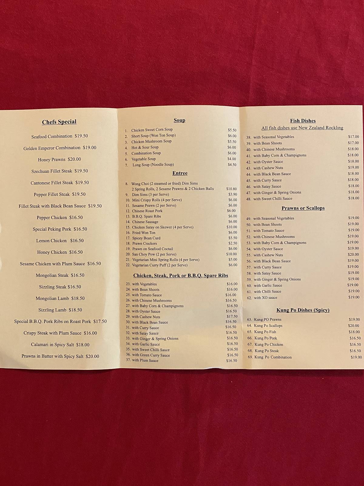 Menu at Golden Emperor restaurant, Sunbury