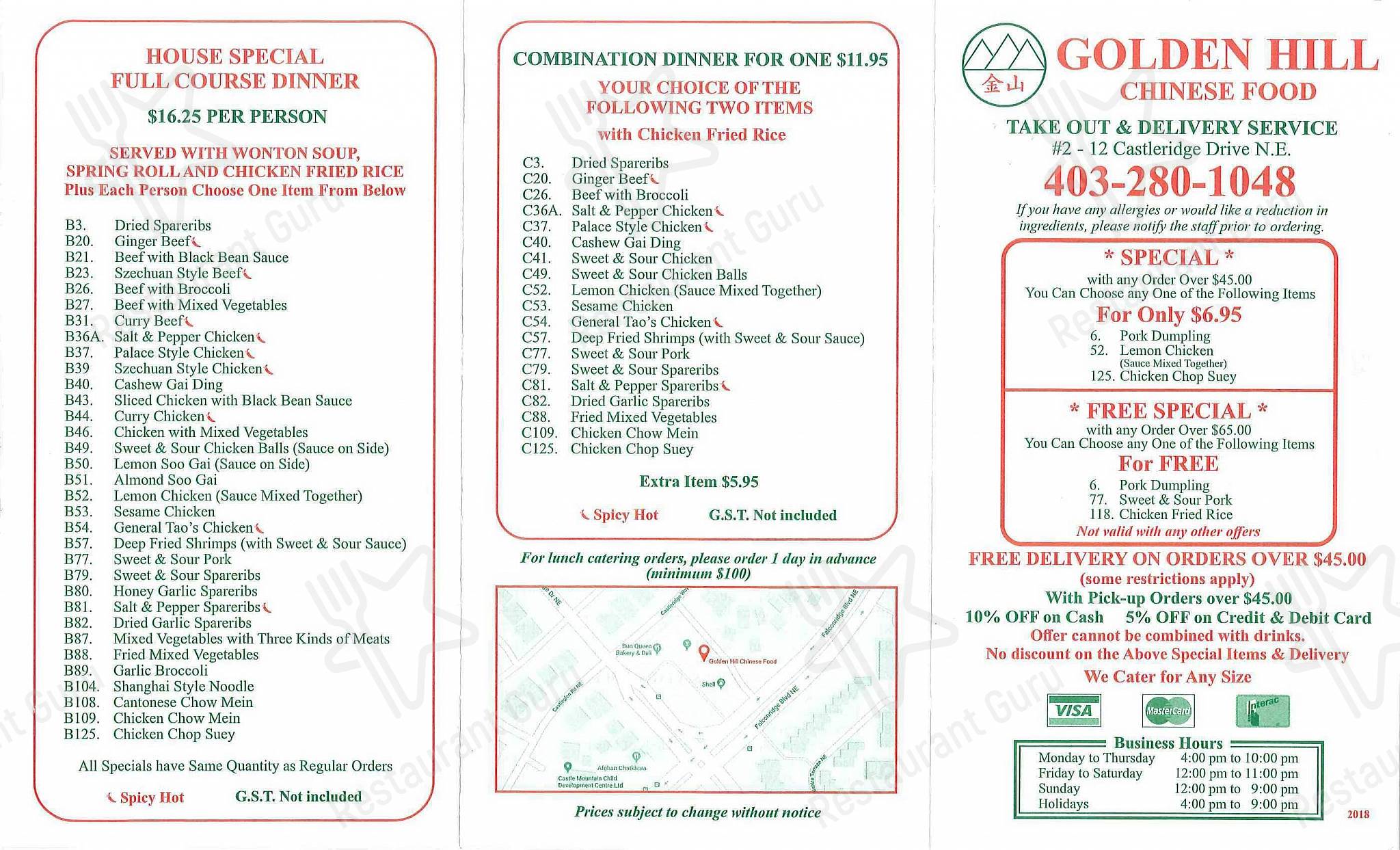 Menu at Golden Hill Chinese Food restaurant, Calgary