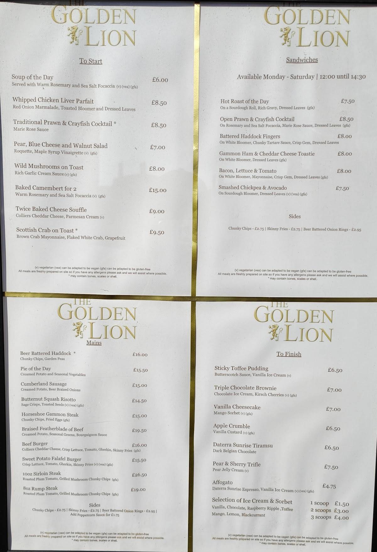 Menu at Golden Lion pub & bar, Corbridge