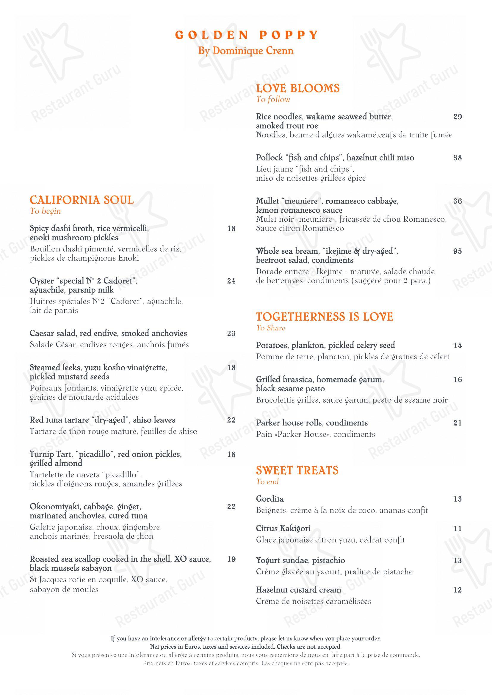 Menu au Golden Poppy restaurant, Paris
