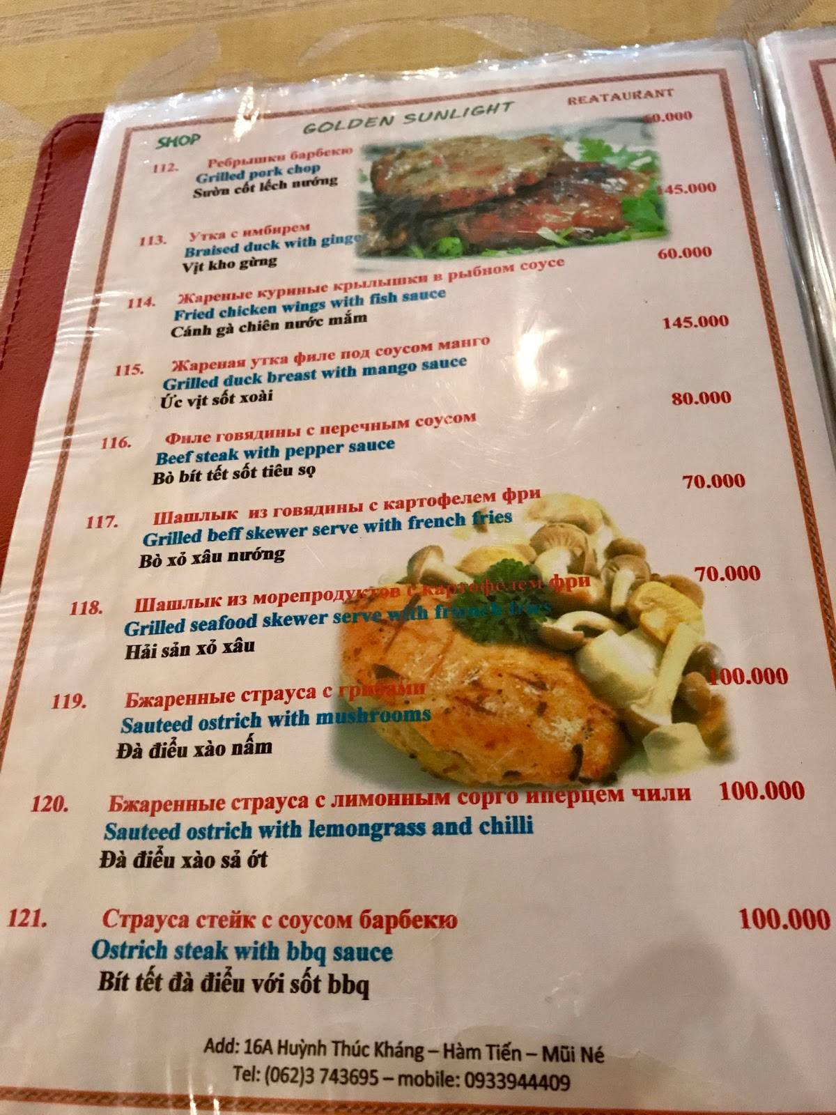 Menu at Golden Sunlight restaurant, Phan Thiet, 18-19B Huỳnh Thúc Kháng