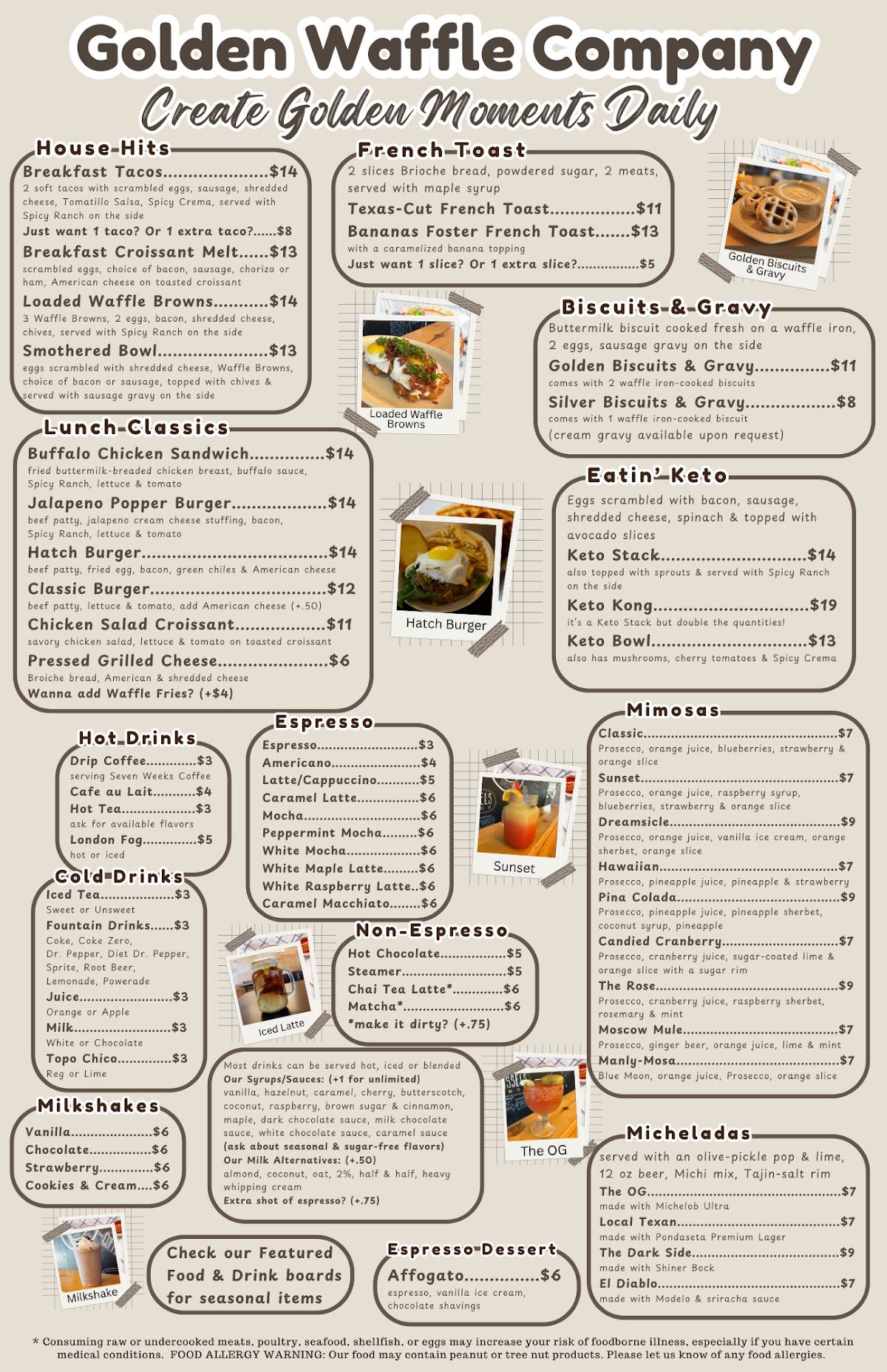 Menu at Golden Waffle Company restaurant, Amarillo