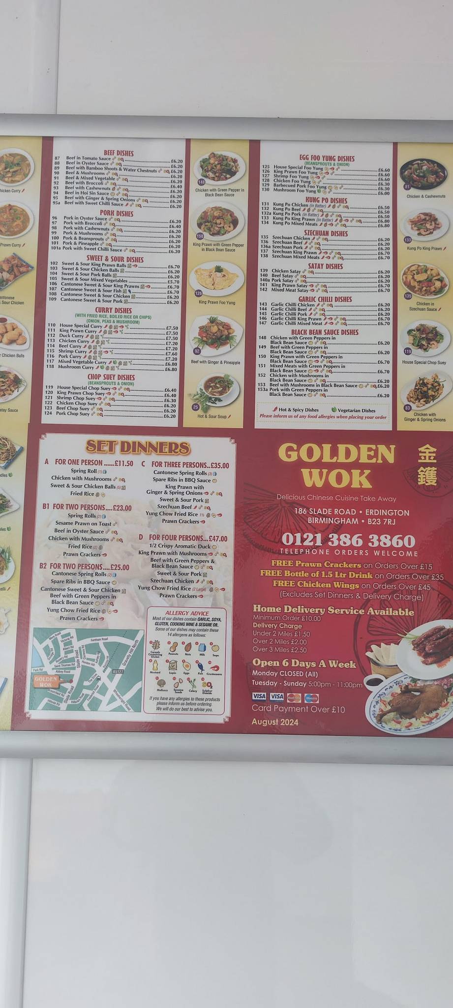 Menu at Golden Wok fast food, Birmingham, 186 Slade Rd