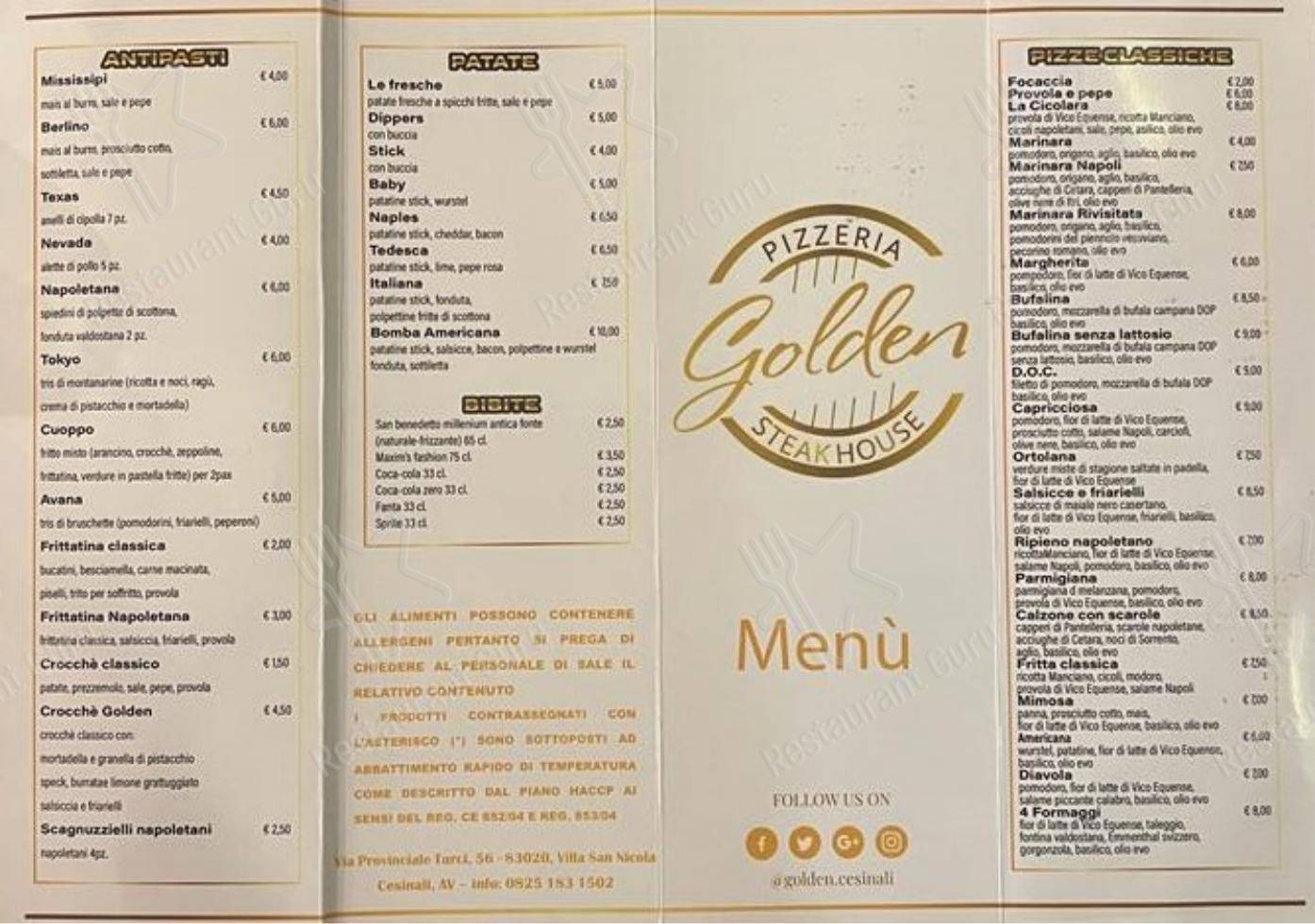 Menu au Golden pizzeria, Cesinali