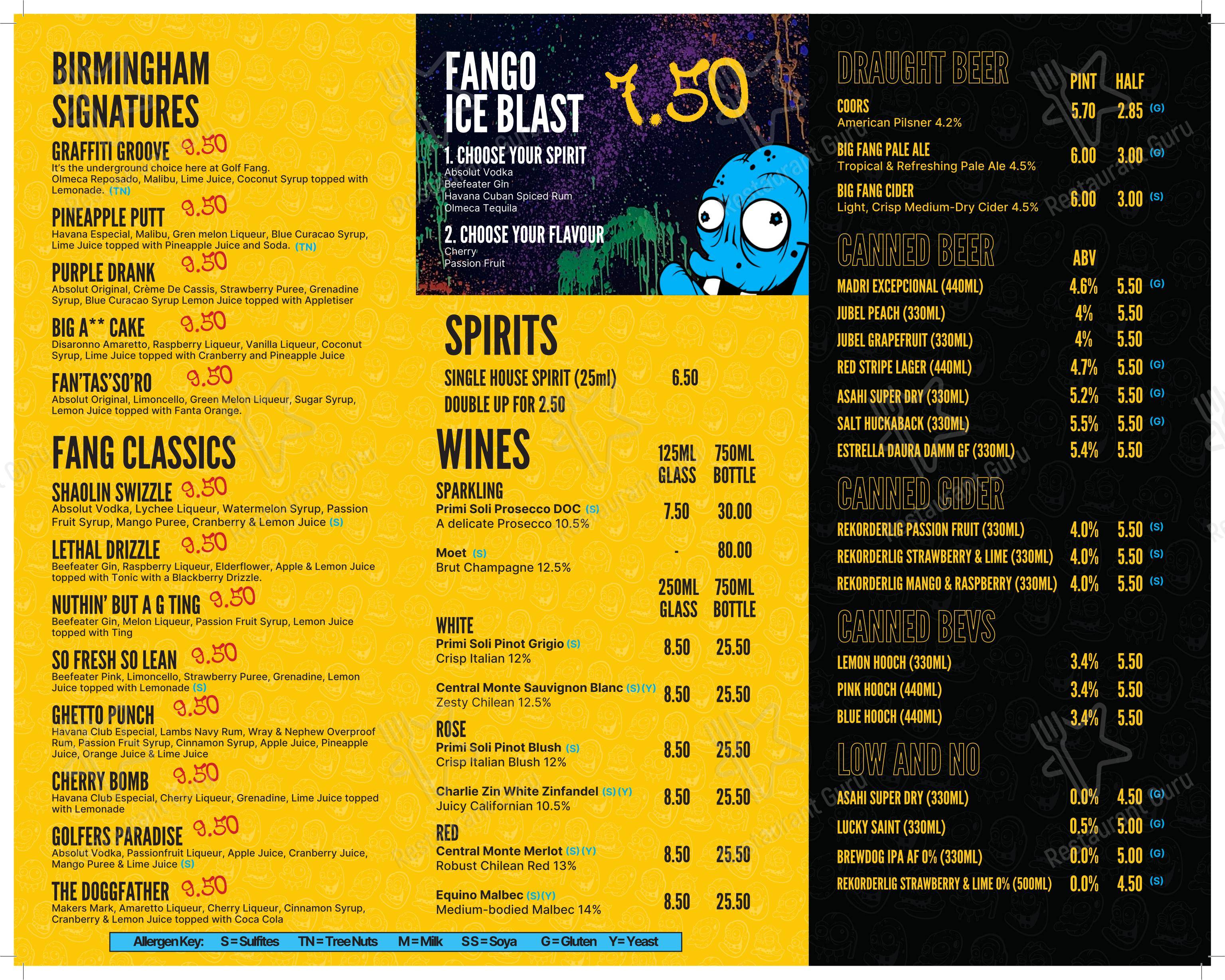 Menu at Golf Fang Birmingham pub & bar, Birmingham