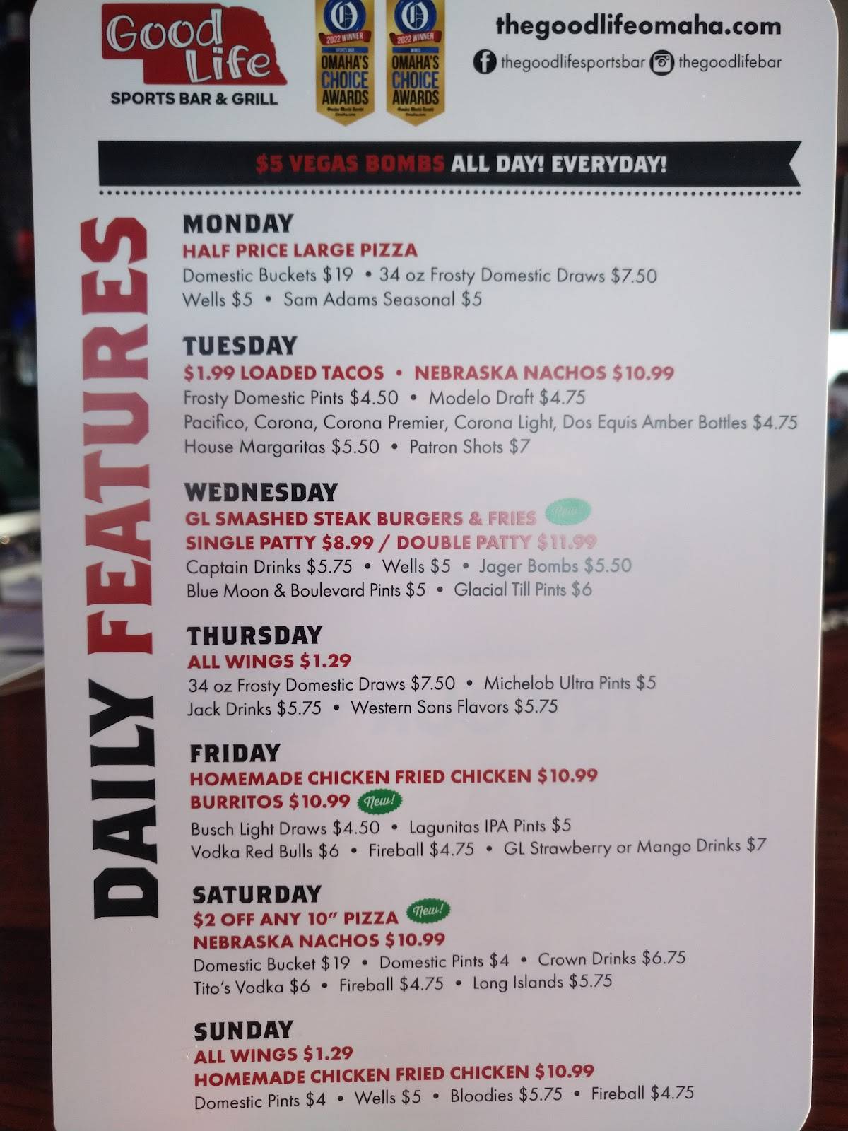 Menu at Good Life Sports Bar & Grill "OG" - 180th & Pacific, Omaha, S ...