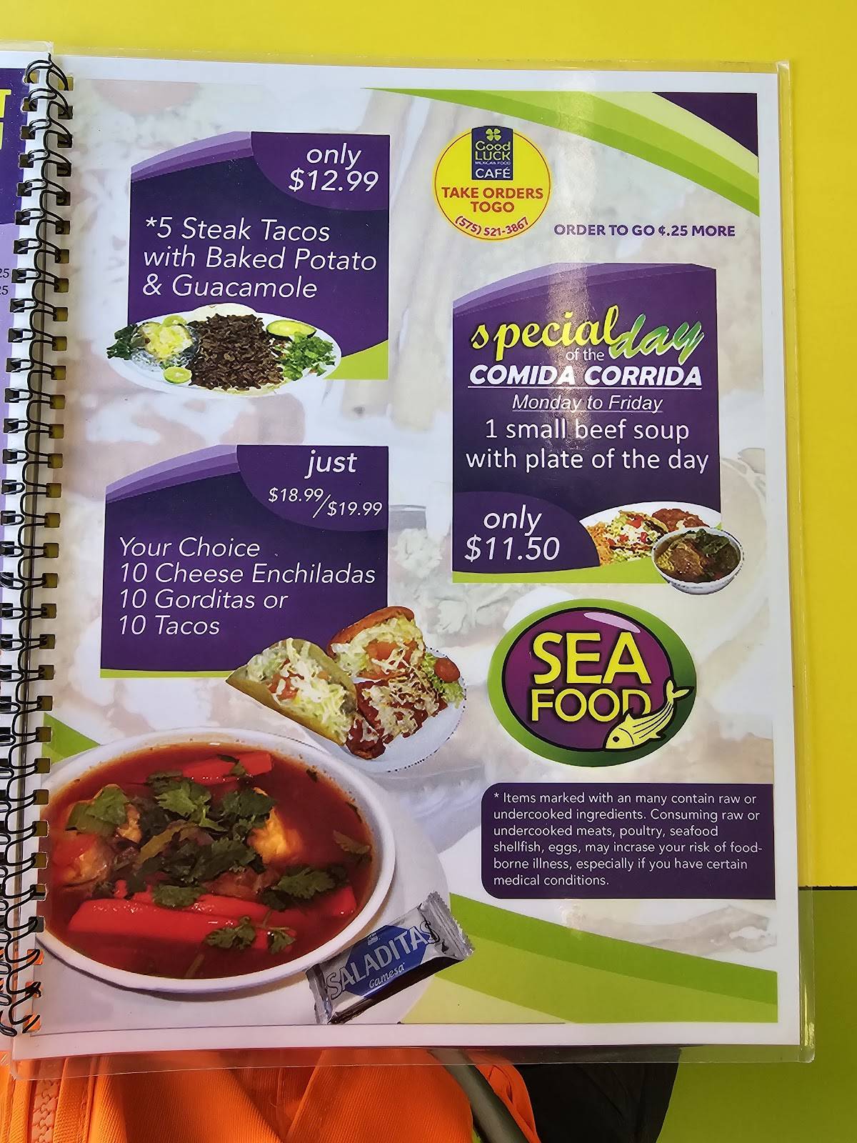 Menu at Good Luck Cafe, Las Cruces