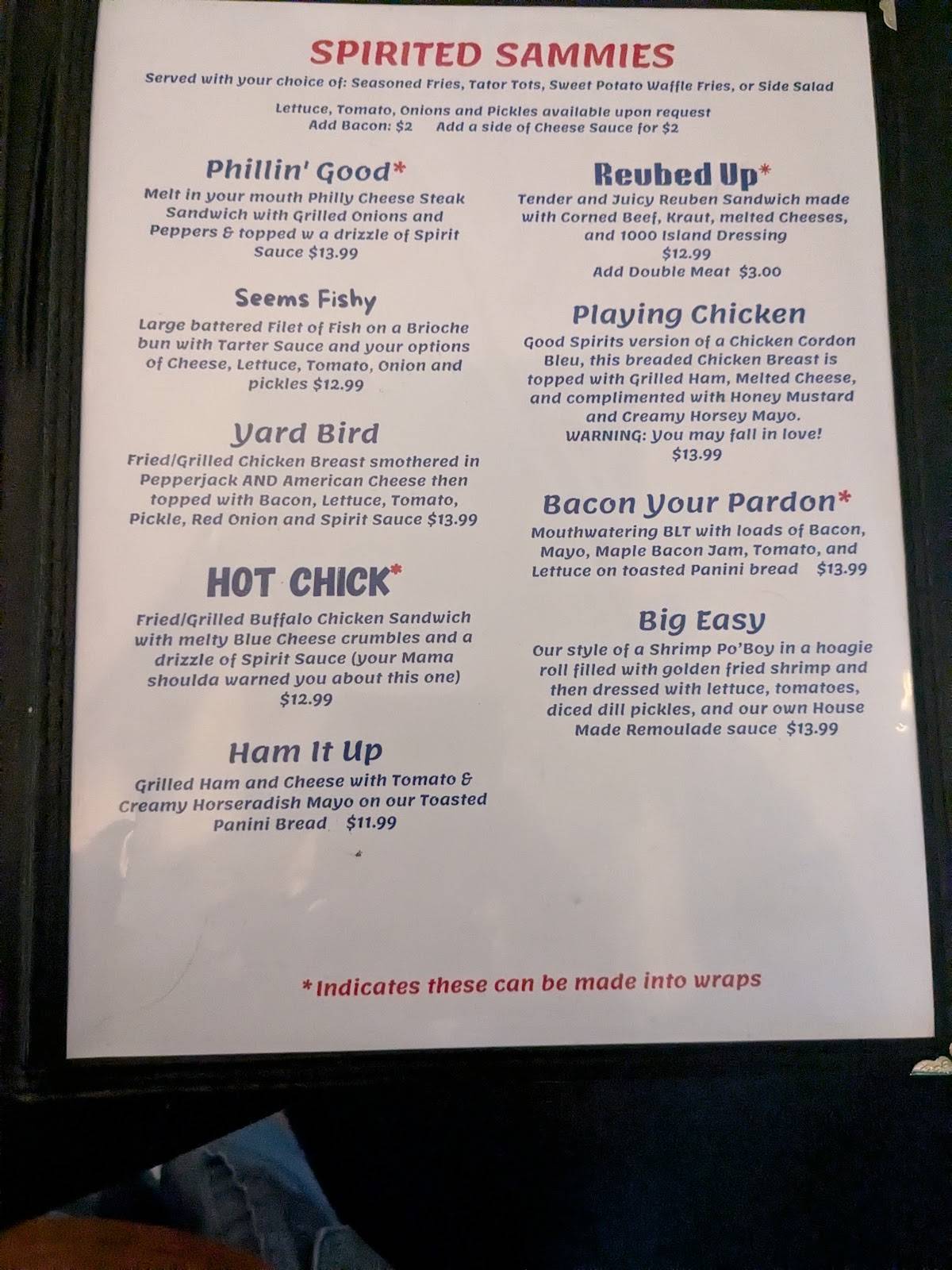 Menu at Good Spirits pub & bar, Farmer City