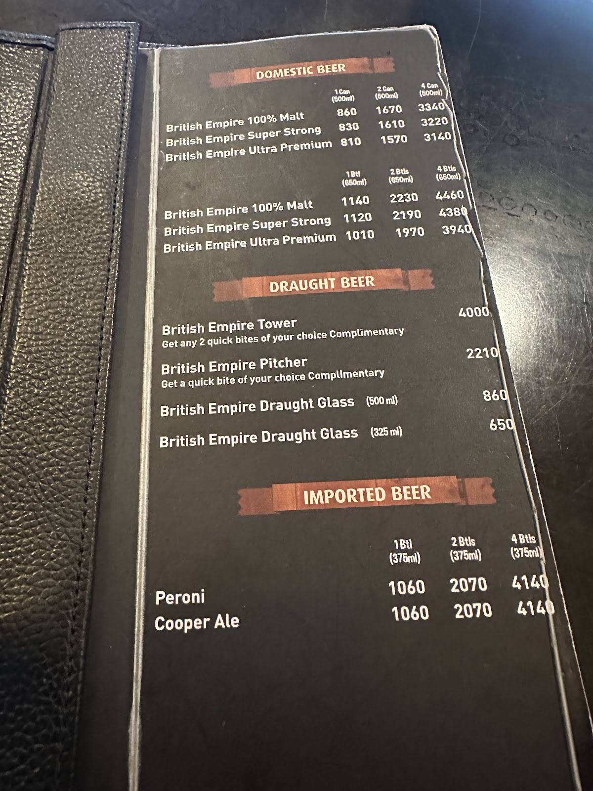 Menu at Good Times Bar, Chennai