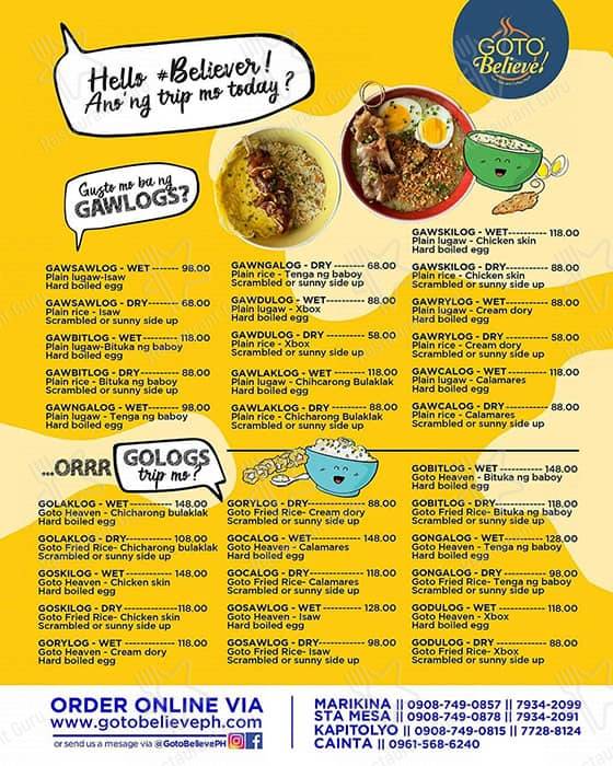 Menu at Goto Believe Kapitolyo restaurant, Pasig