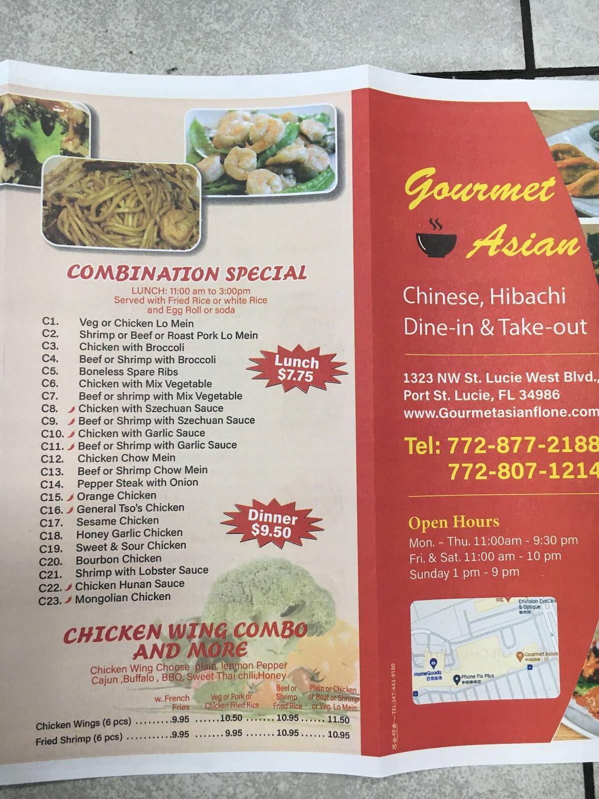 Menu at Gourmet Asian restaurant, Port St. Lucie