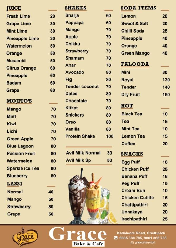 Menu at Grace Bakery, Chettipadi