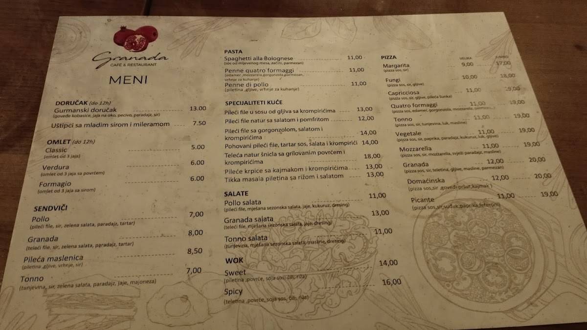 Menu at Granada café & restaurant, Gnojnice