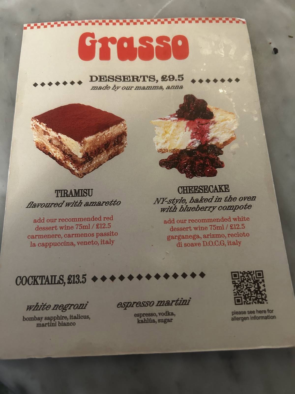 Menu w Grasso restauracja, Londyn