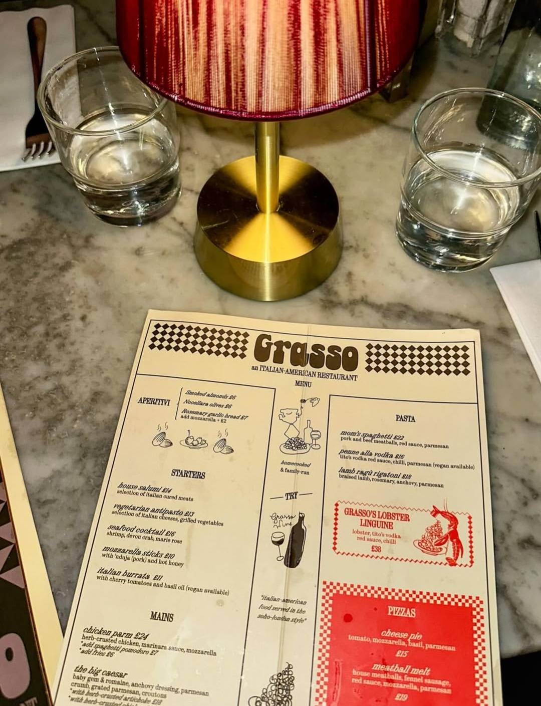 Menu w Grasso restauracja, Londyn