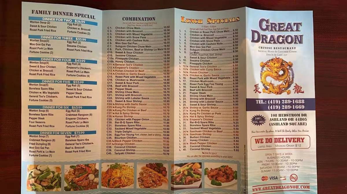 Menu at Great Dragon restaurant, Ashland