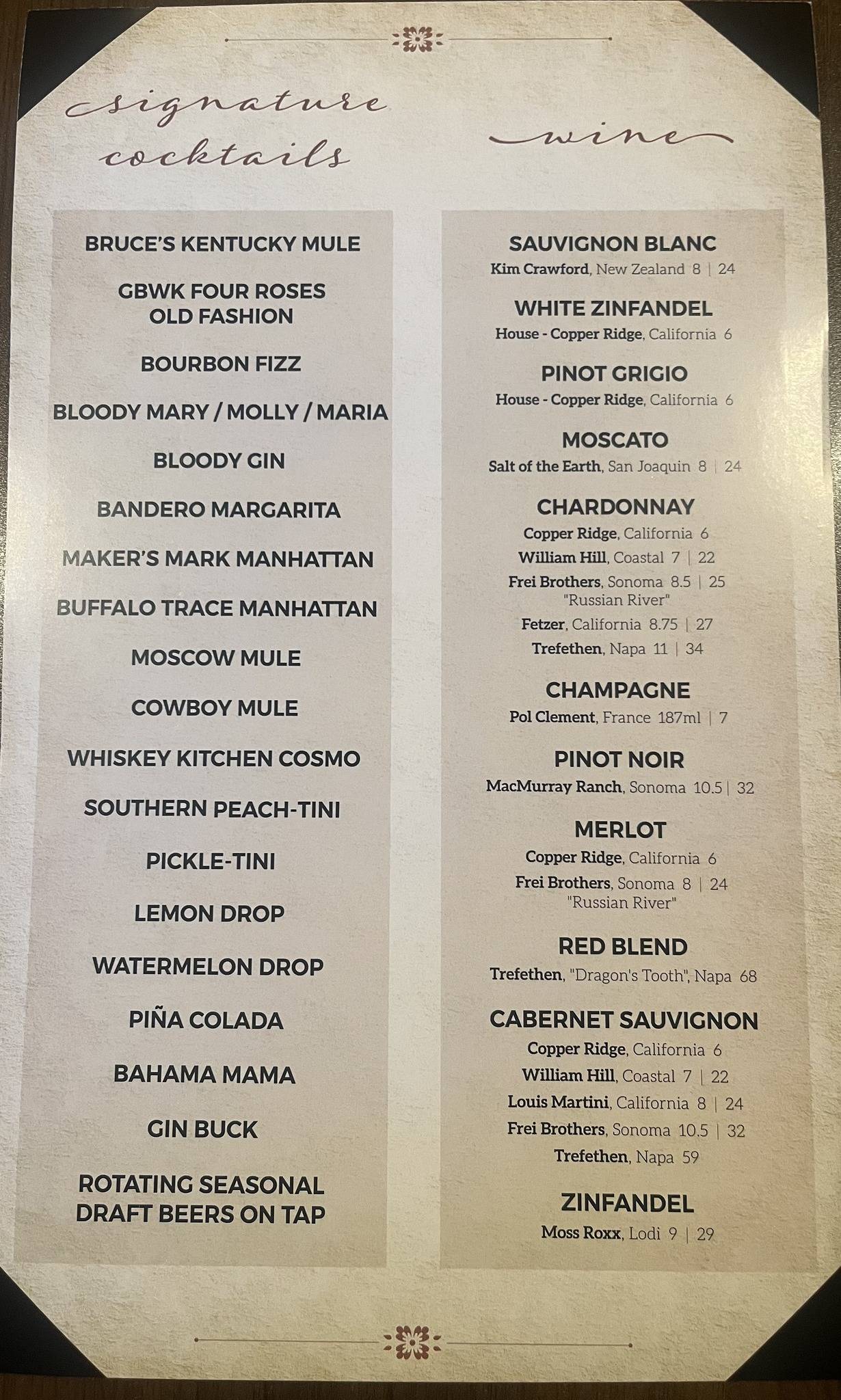 Menu at Green Barn Whiskey Kitchen, Red Bluff