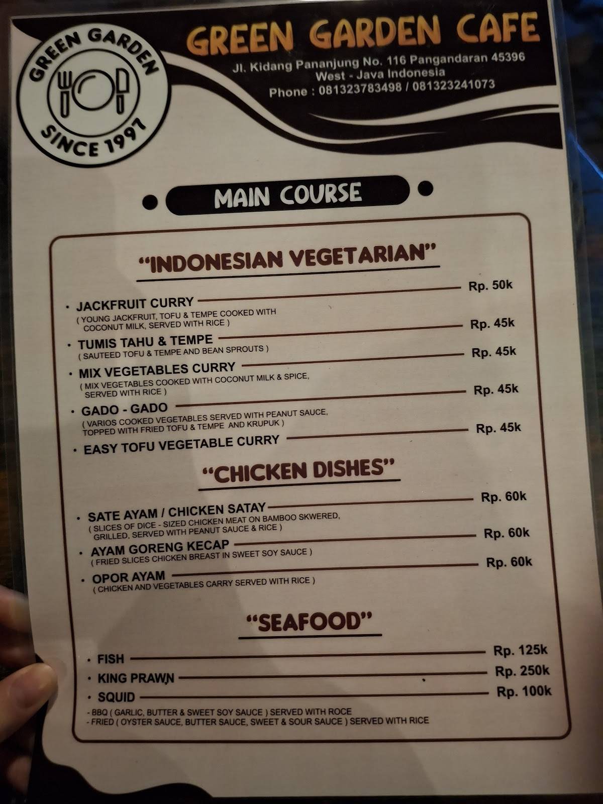 Menu at Green Garden Cafe, Pangandaran