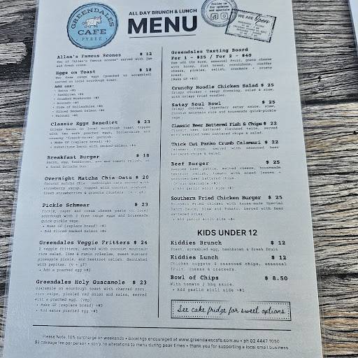 Menu at Greendale's Cafe, Pyree