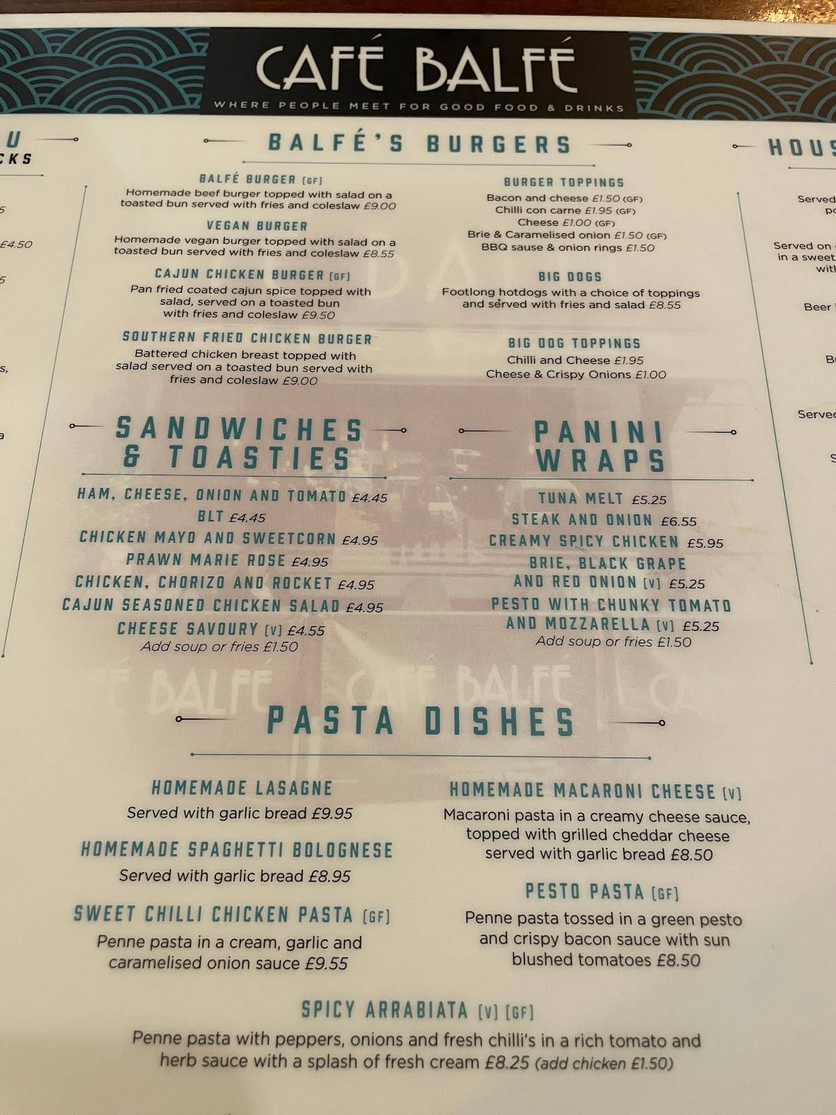 Menu at Cafe Balfe, Greenock
