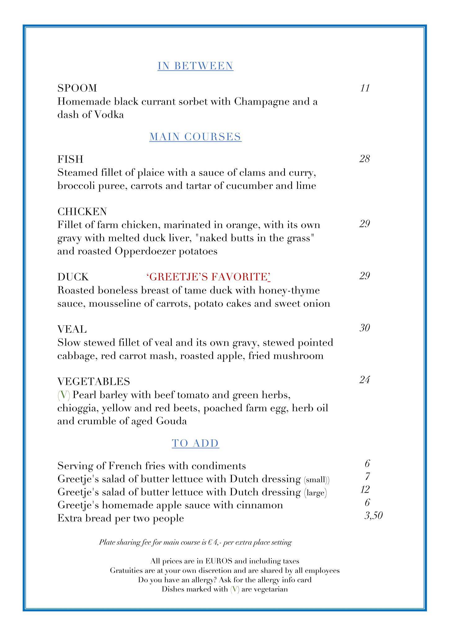Menu at Greetje, Amsterdam