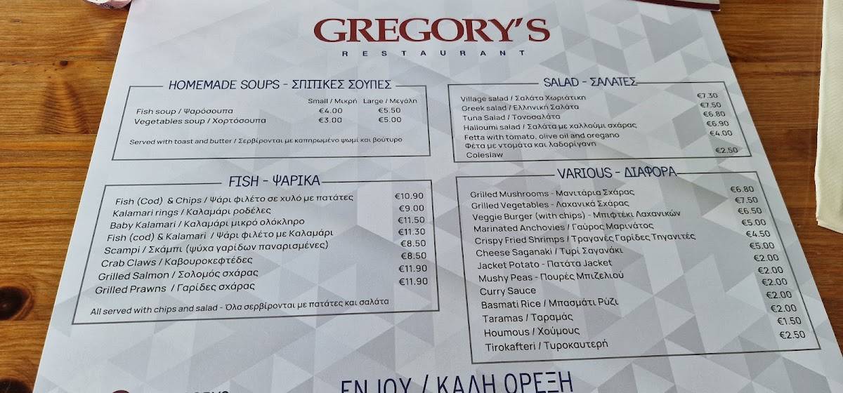 Menu at Gregory's Restaurant, Larnaca, Ναβαρίνου 52