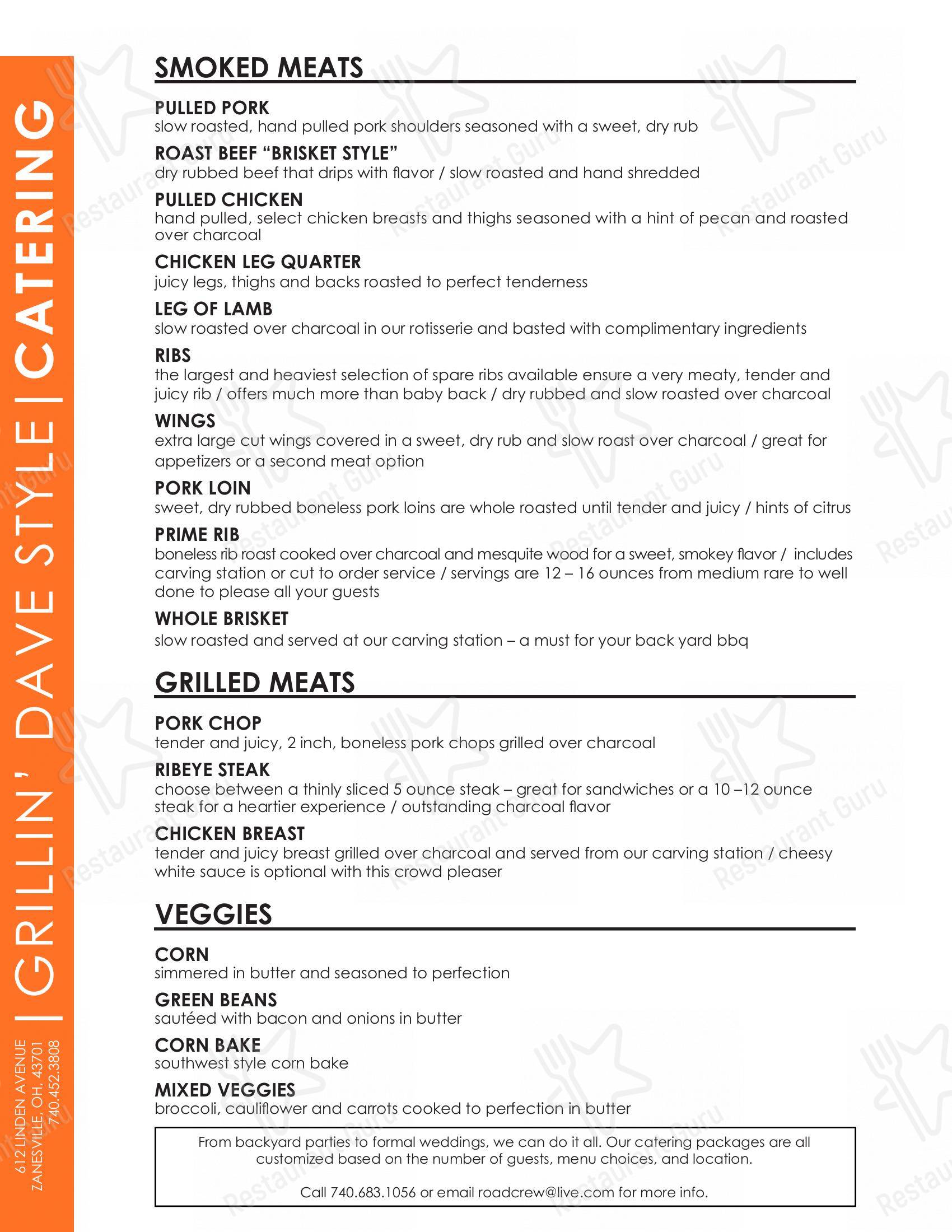 Menu at Grillin' Dave-Style BBQ, Zanesville