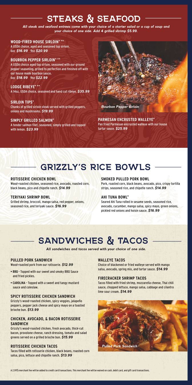Menu at Grizzly's Wood-Fired Grill restaurant, Willmar