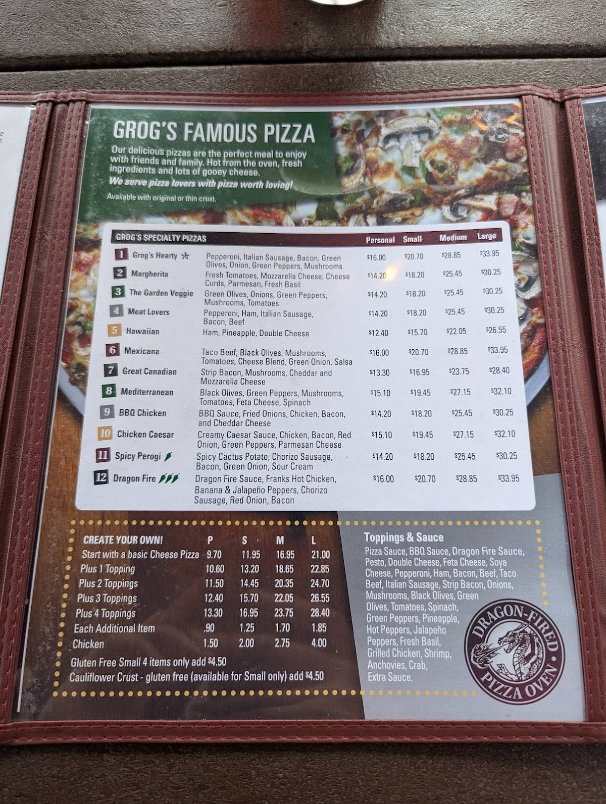 Menu at Grogs pub & bar, Lambton Shores