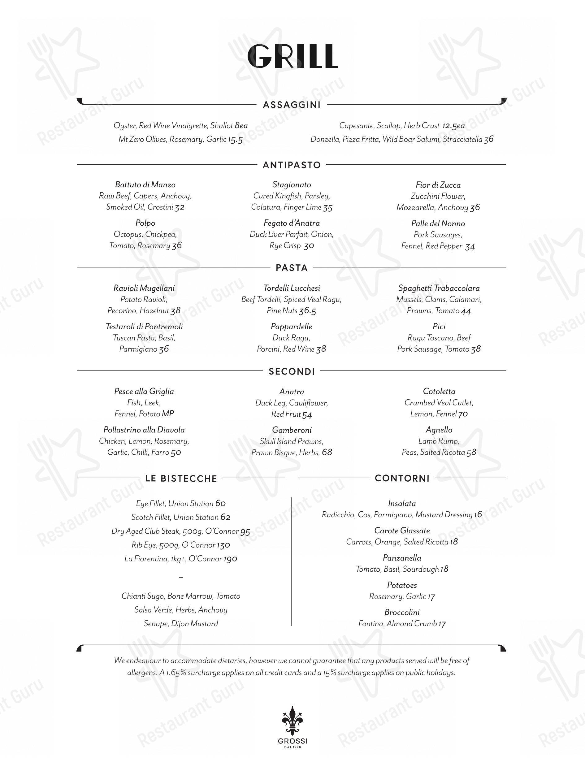 Menu at Grossi Grill pub & bar, Melbourne, 80 Bourke St
