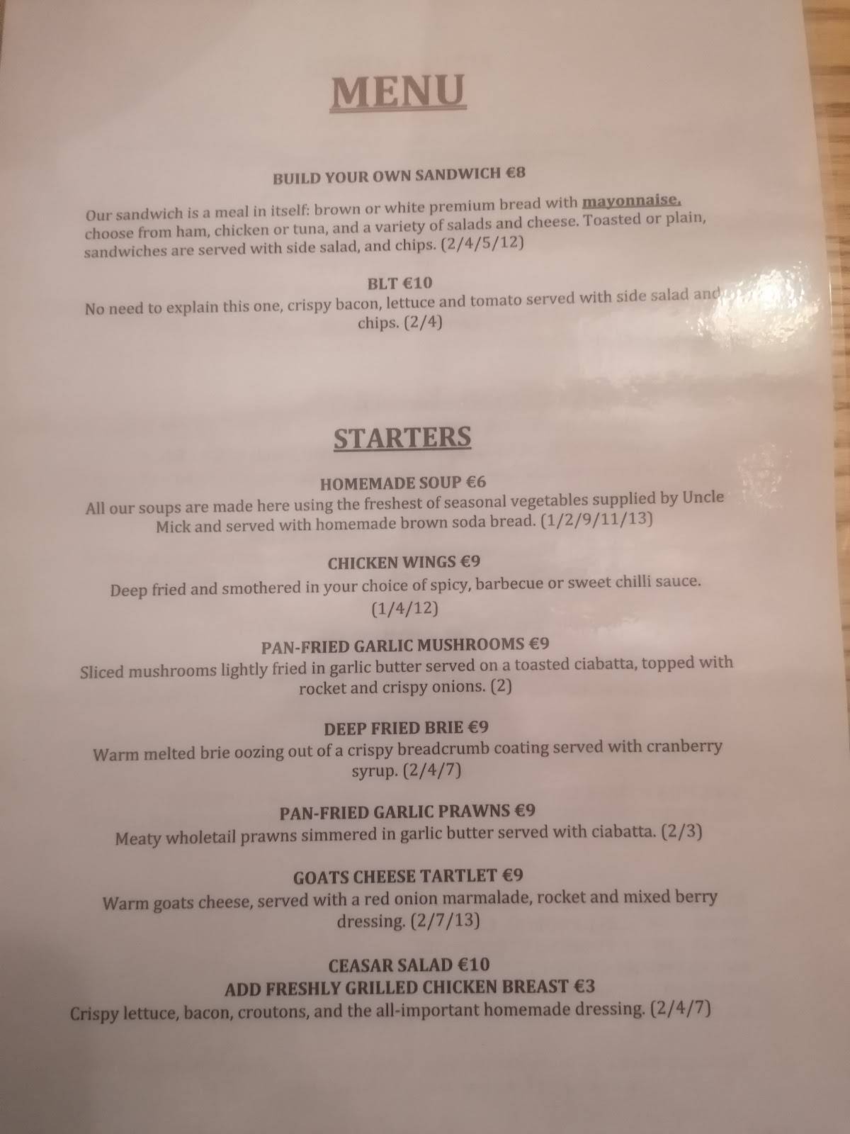 Menu at Grove Bar, Kilpedder, Willow Grove
