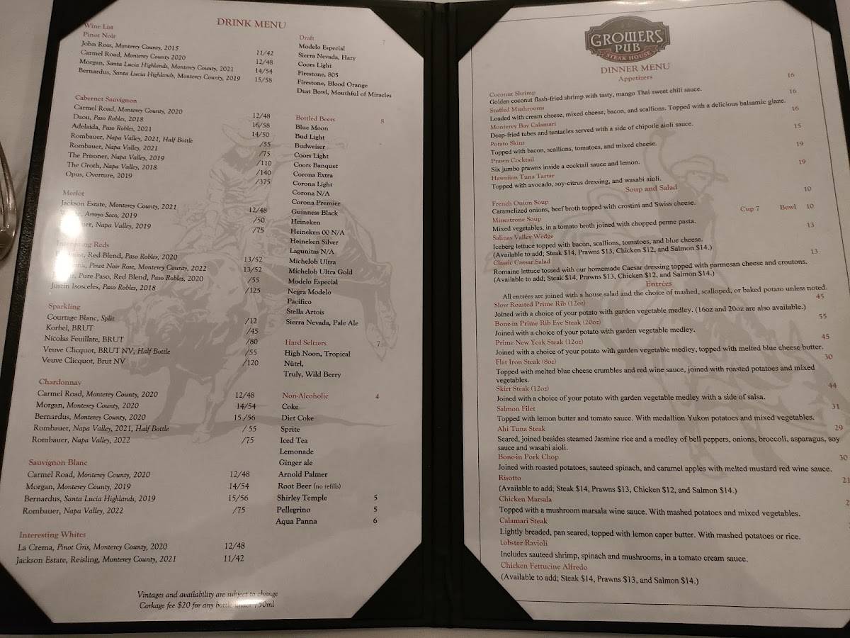 Menu at Growers Pub, Salinas