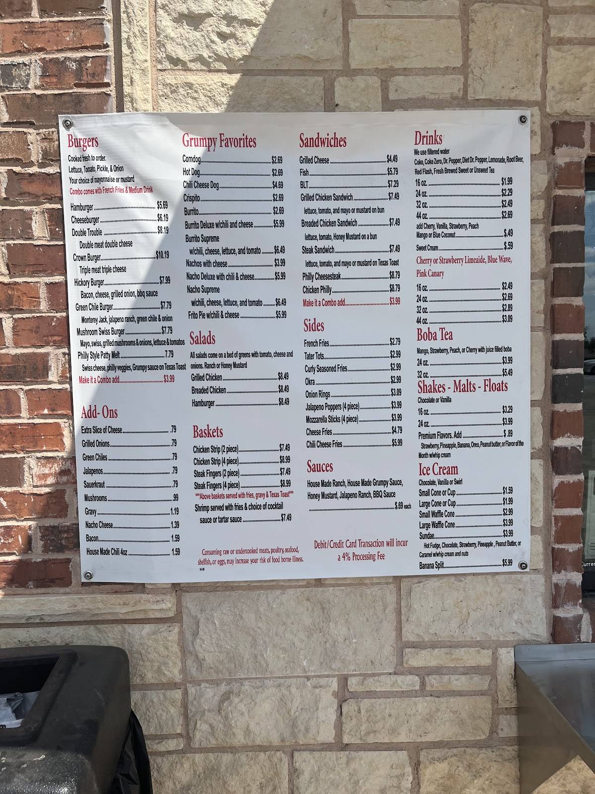 Menu at Grumpy Dave's restaurant, Ballinger