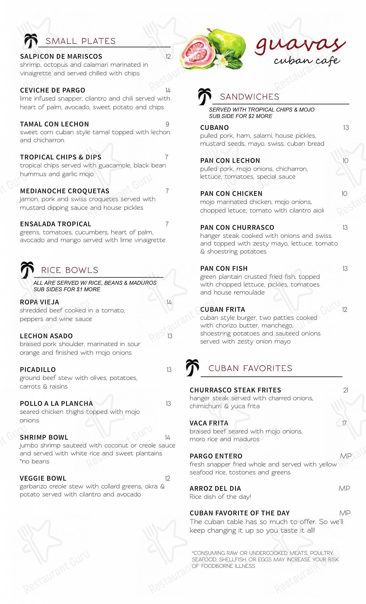 Menu at Guava's Cuban Cafe, Minneapolis