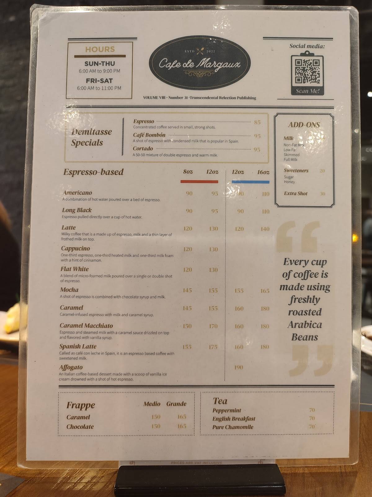 Menu at Cafe de Margaux, Guiguinto
