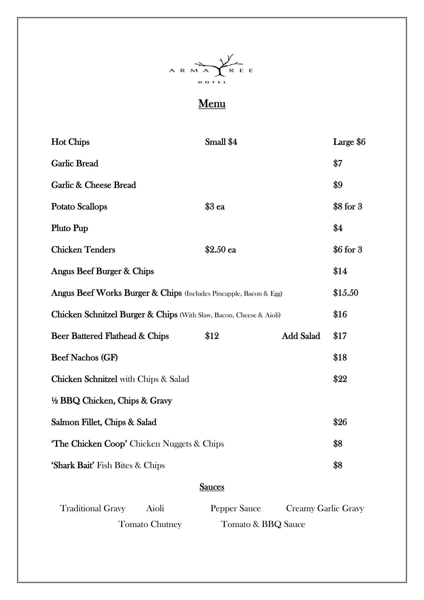 Menu at Armatree Hotel pub & bar, Armatree