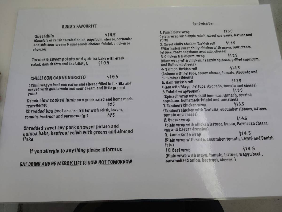 Menu at Guru’s Cafe Wodonga, Wodonga