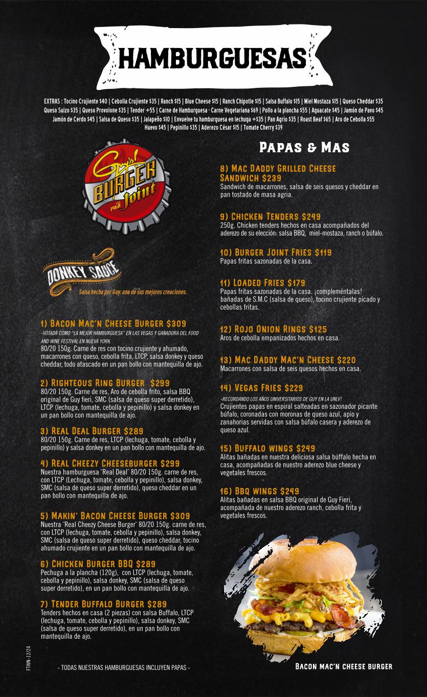 Carta del restaurante Guy’s Burger Joint, Merida