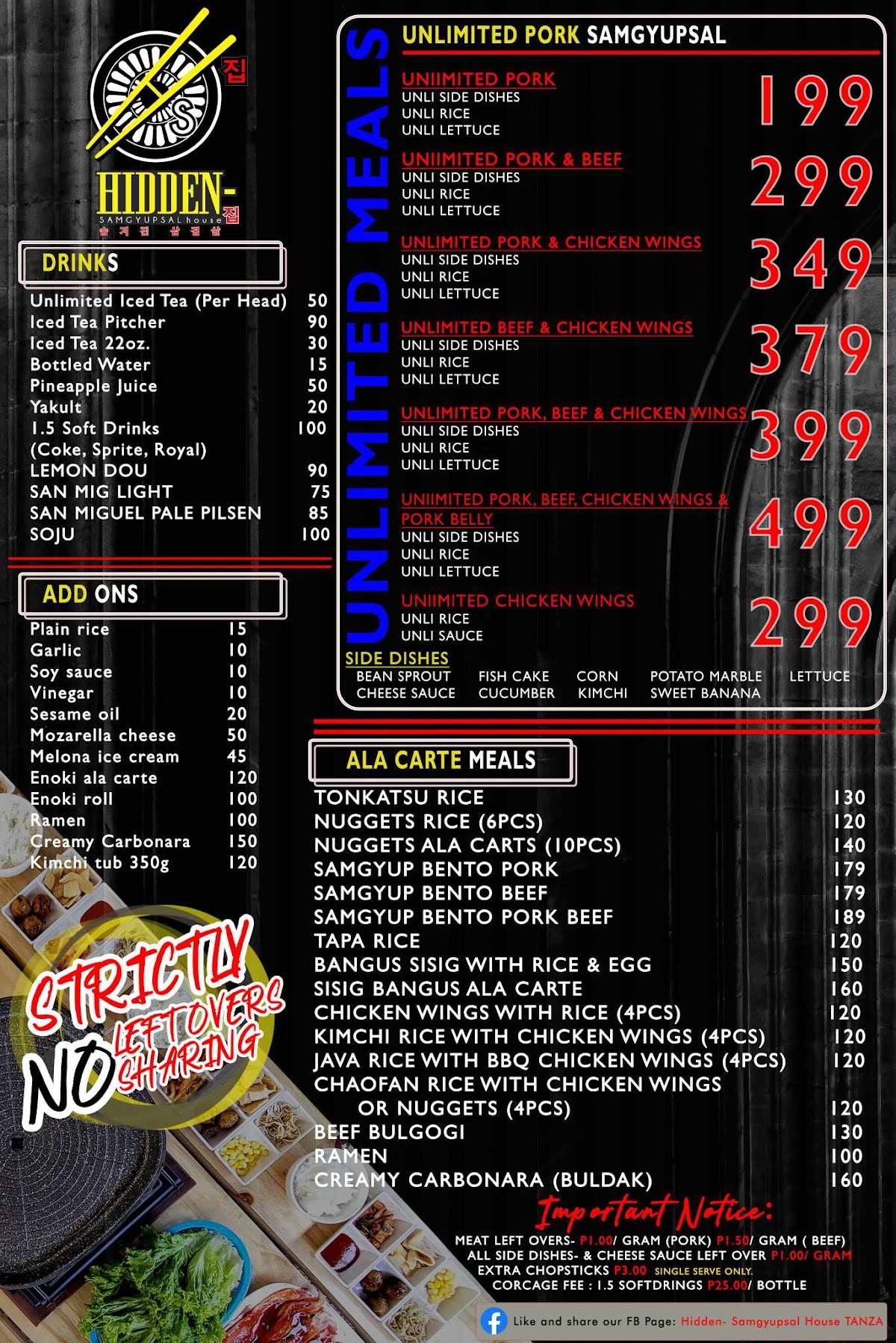 Menu at HIDDEN-SAMGYUPSAL HOUSE restaurant, Tanza