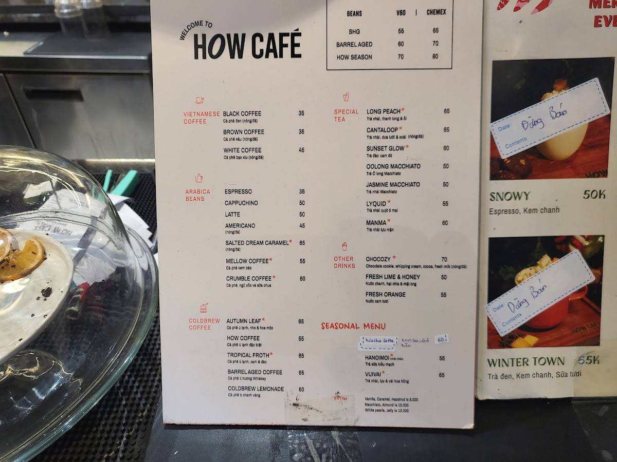 Menu at HOW café cafe, Hanoi, 106 P. Trấn Vũ
