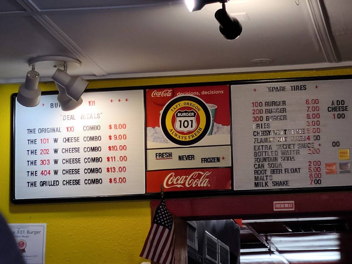 Menu at HWY 101 Burger restaurant, Lincoln City, US-101