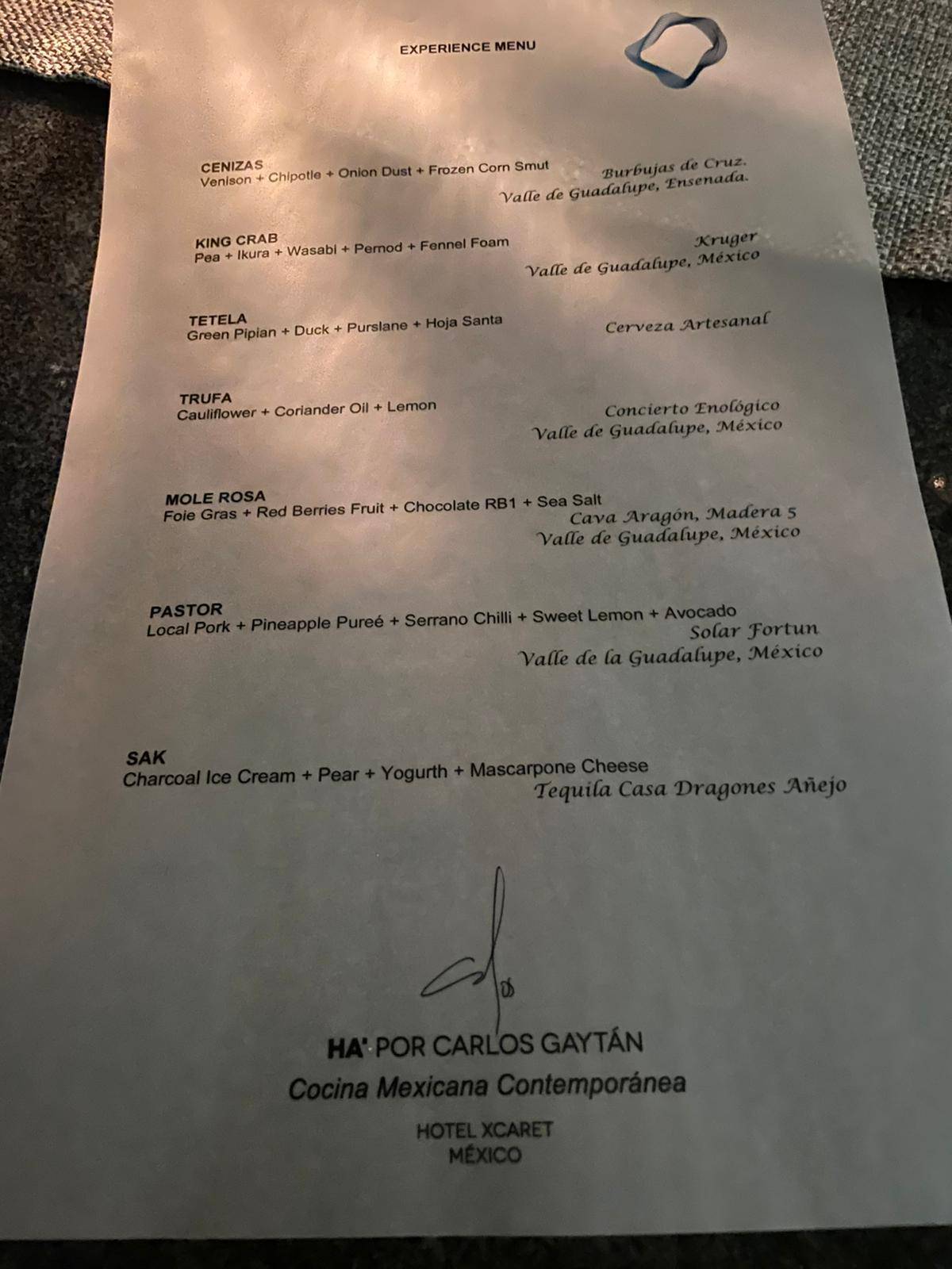 Carta de Ha - Restaurante Hotel Xcaret, Playa del Carmen