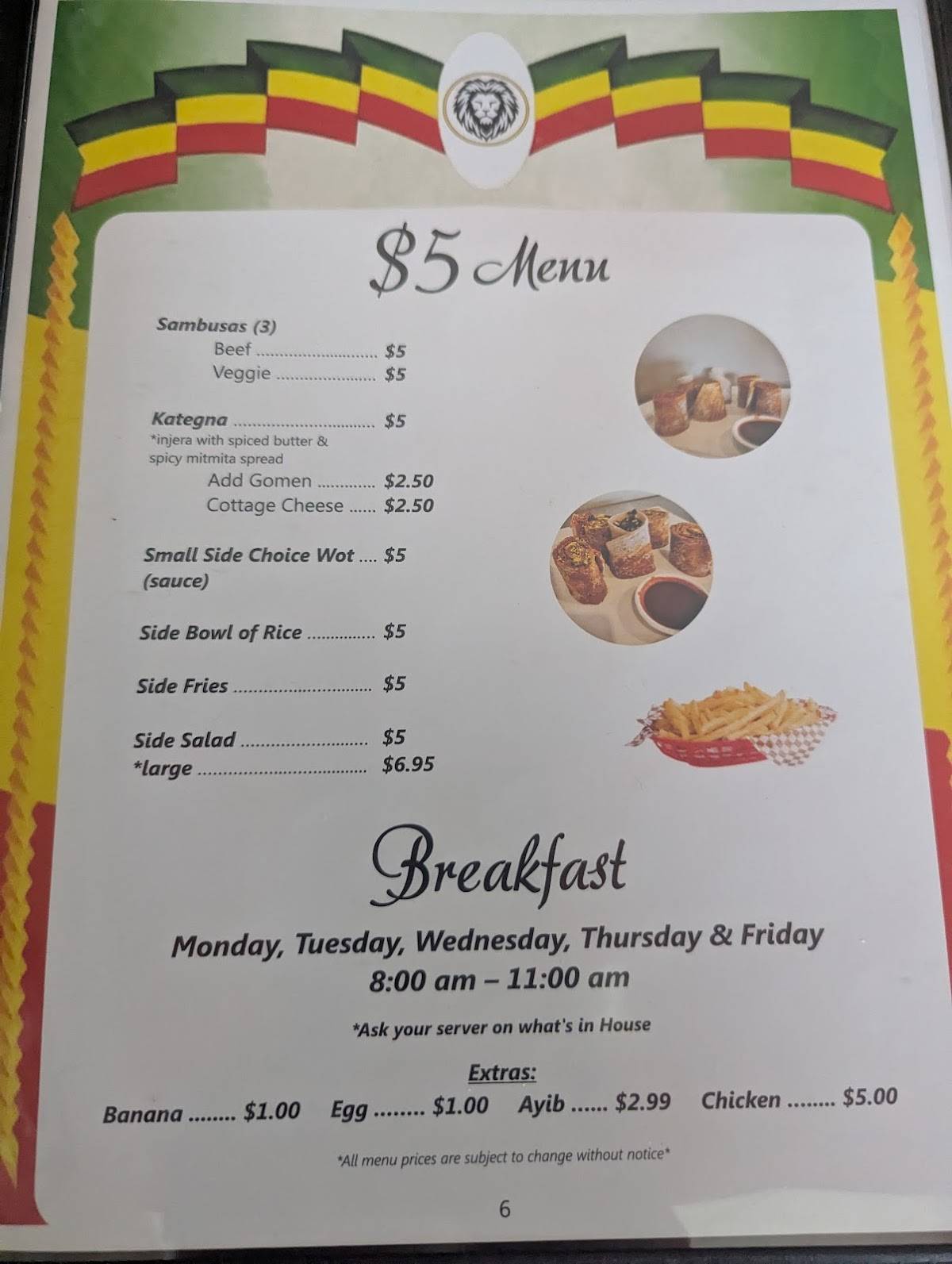 Menu at Habesha Restaurant, Ottawa, 99 Montréal Rd
