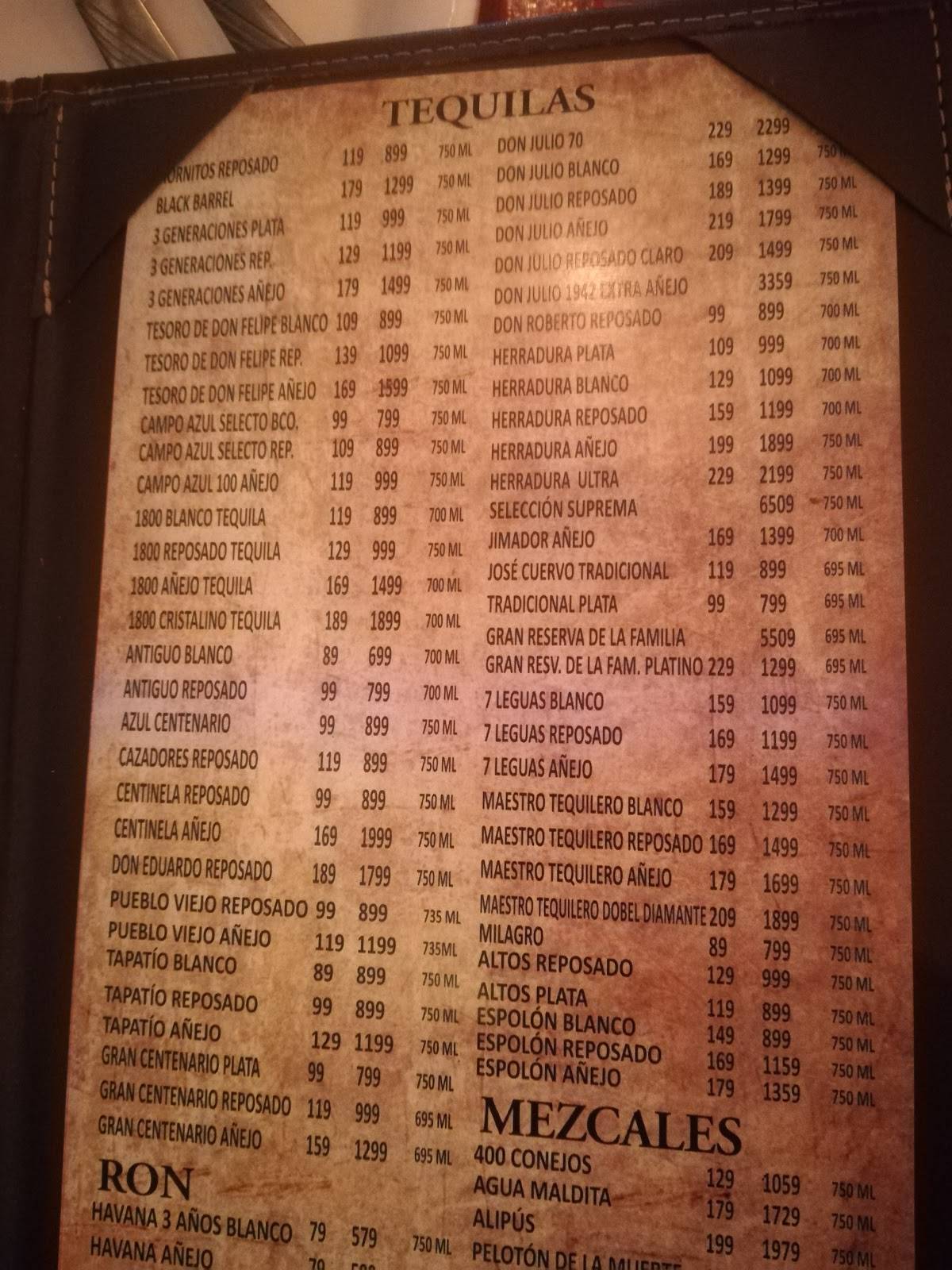 Carta del restaurante Hacienda Canelos, Zapopan