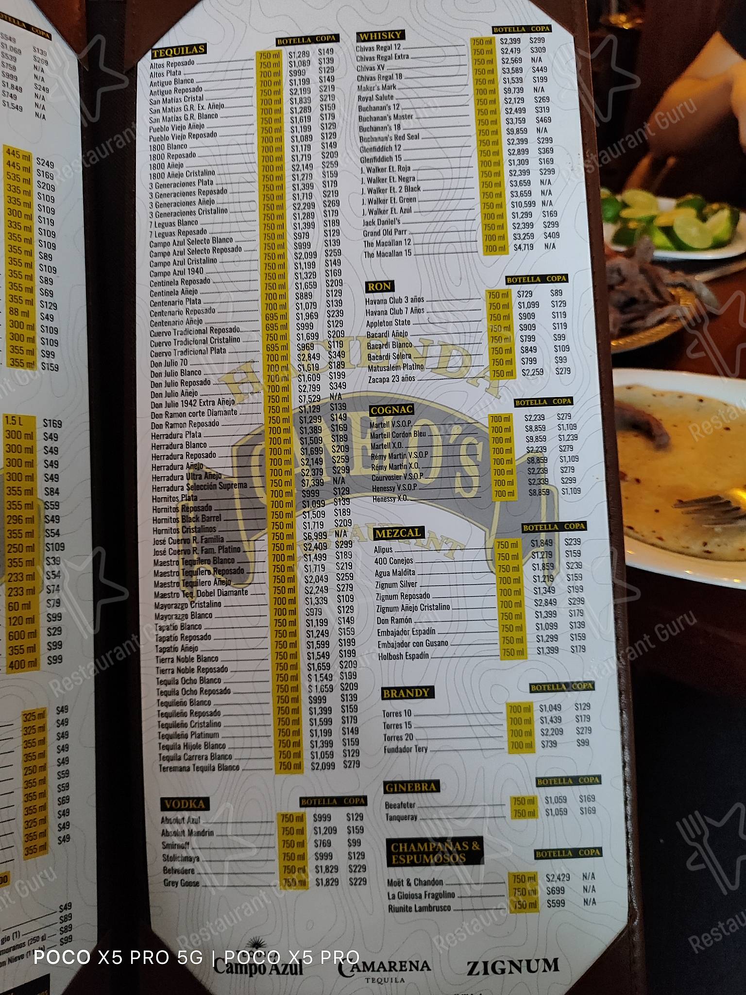 Carta del restaurante Hacienda Canelos, Zapopan